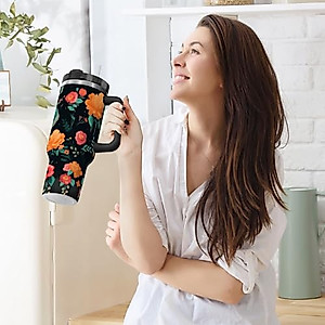 Bokkoy Llama with Floral Decor Pattern 40 oz/30 oz Tumbler with Handle and Straw Stainless Steel Tumbler with Lid Reusable Vacuum Insulated Cup
