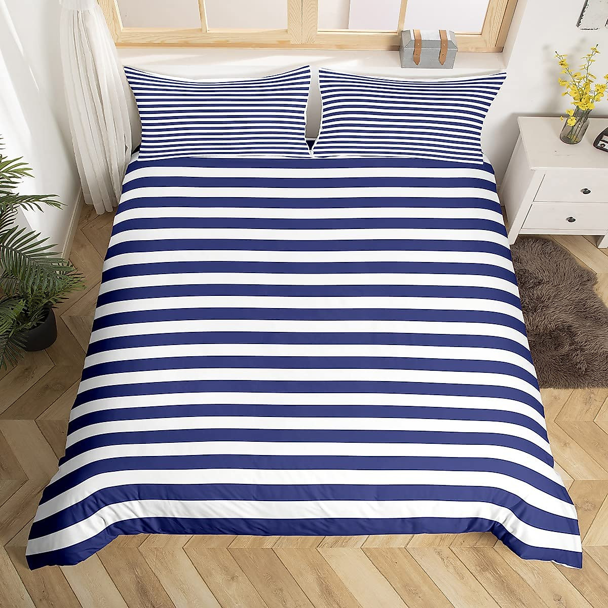 Erosebridal Navy Blue Stripe Duvet Cover King Size White Geometric Ticking Stripes Comforter Cover Farmhouse Horizontal Stripes Gothic Home Decor Quilt Cover Modern Abstract Striped Bedding Set
