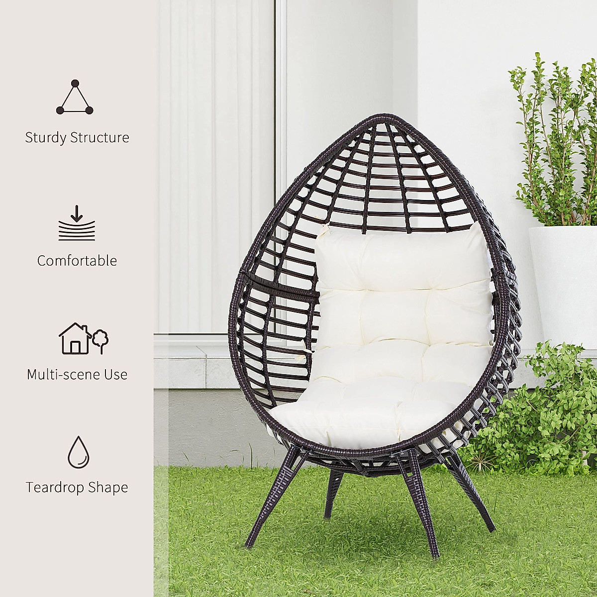Outsunny Patio Wicker Egg Chair w/Soft Cushion, Teardrop Cuddle Seat, Outdoor/Indoor Patio Chair, PE Plastic Rattan Furniture with Adjustable Height Feet Pads, Beige