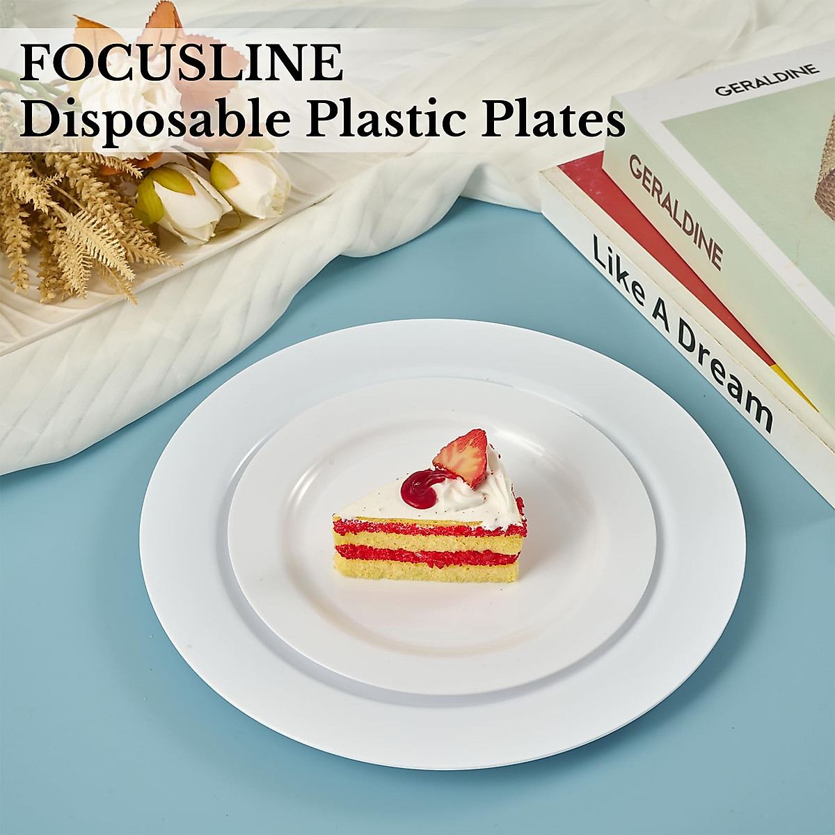 FOCUSLINE 100 Count White Plastic Plates 7 Inch, Disposable Heavy Duty Plastic Dessert Plates- Premium Hard Plastic Plates Fancy Disposable White Plates for Weddings, Parties and Events