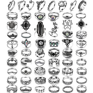 17IF 60 PCS Vintage Silver Goth Ring Set for Women Girl, Punk Boho Chunky Knuckle Stackable Finger Ring Pack Aesthetic Grunge Adjustable Retro Stone Opal Crystal Cat Snake Flower Gothic Rings