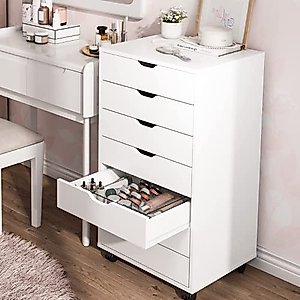 7 Drawer Chest, Mobile File Cabinet with Wheels, Home Office Wood Storage Dresser Cabinet, Large Craft Storage Organizer Makeup Drawer Unit for Closet, Bedroom, Office File Cabinet (White)