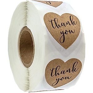 Brown Kraft Heart Shape Thank You Stickers / 500 Heart Labels / 1 1/8" Thank You Envelope Seals