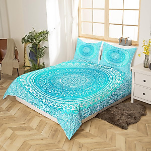 Castle Fairy Hippie Mandala Bedding Set,Teal Trippy Duvet Cover for Kids Teen Boys Girls,Bohemian Art Comforter Cover Decorative Room,Chic Exotic Quilt Cover with 2 Pillowcases,King Size