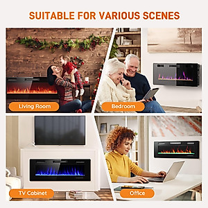 Rintuf 50 Inch Electric Fireplace in-Wall Recessed and Wall Mounted, Fireplace Heater and Linear Fireplace with Multicolor Flame, Timer, 750/1500W Control by Touch Panel & Remote