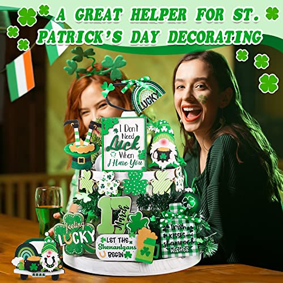 15 Pcs St. Patrick's Day Tiered Tray Decor Set Shamrock Gnome Truck Wood Sign Rustic Irish Theme Table Centerpiece Tabletop for Home Table House Decor, Tray Not Included (Shamrock)