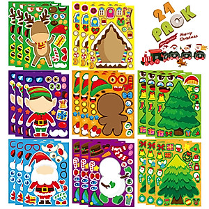 JASHIAGE Christmas Stickers for Kids - 24 Sheets DIY Santa Snowman Reindeer Holiday Decals, Party Game Stickers, Perfect for Crafting, Gift Decorating, School Activities