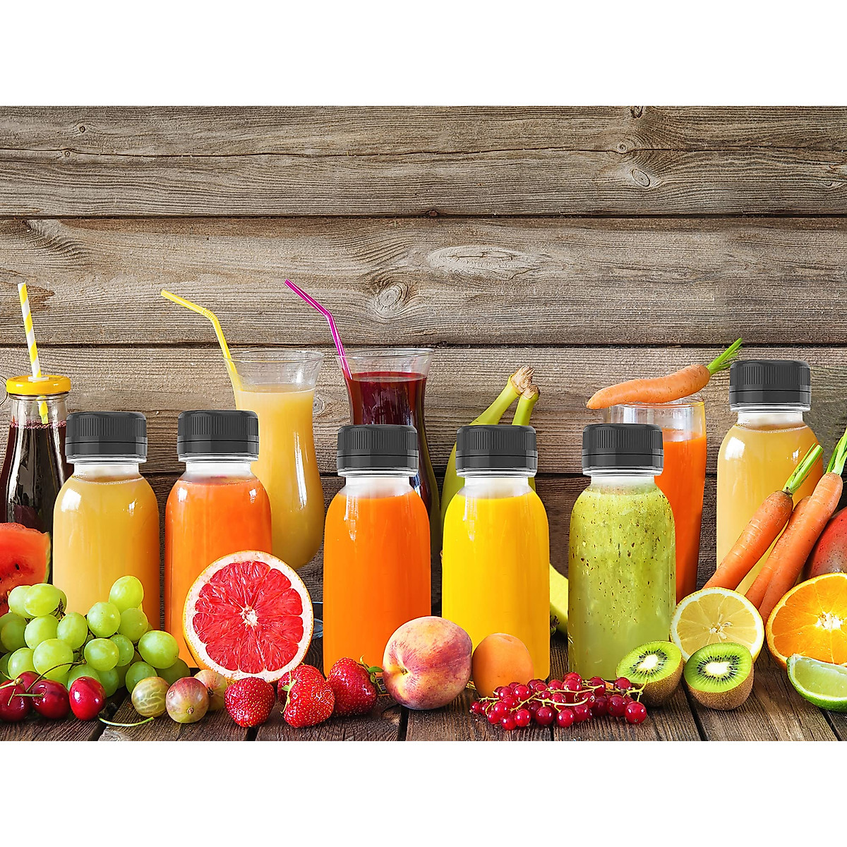 5 Pcs 8 oz Plastic Juice Bottle Reusable Transparent Bulk Beverage Containers for Juice, Milk And Other With Black Lids