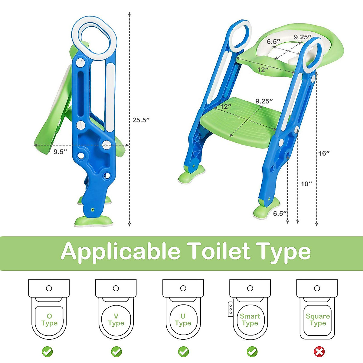 Potty Training Toilet Seat with Step Stool Ladder for Kids, Baby Toddler Toilet Training Seat with Soft Padded Seat, Safe Handles and Non-Slip Wide Step for Girls and Boys (Blue Green)