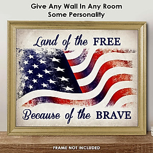 American Flag Poster - Land of the Free 8x10 Wall Art, USA Decorations for Home & Office Decor - Patriotic Posters Perfect for 4th of July, Army, Navy, Air Force & Veterans Day Gifts