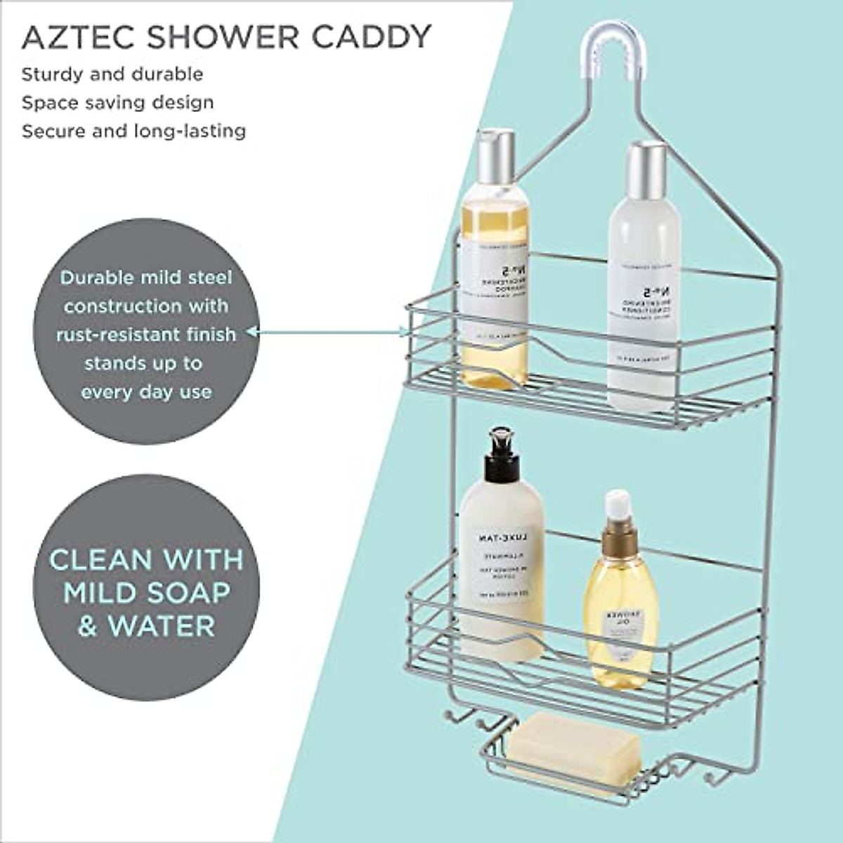 Bath Bliss Aztec Hanging Shower Caddy | Bathroom Storage & Organization | Shower Head Hang | Holds Large Bottles | Accessory Hooks | Suction Cup Backing | Grey
