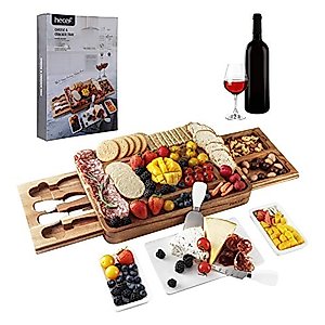 hecef Cheese Board Set Acacia Wood - Large Charcuterie Board with Stainless Steel Knife Set, Thick Wooden Server - Fancy House Warming Gift, Birthday Present & Perfect Choice for Gourmets