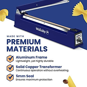 Wallaby Impulse Sealer - 16 inch - Manual Heat Sealer Machine for Mylar Bags - Heavy Duty for Strong, Secure Sealing for Long Term Food Storage - Two Fuse & Strip Replacement Kits Included (Blue)