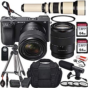 Sony Alpha a6400 Mirrorless Digital Camera with 18-135mm and 650-1300mm Telephoto Zoom Lens + 2X 64GB Memory Card, UV & Close-up Filters, Microphone, Portable Tripod, Gadget Bag & More