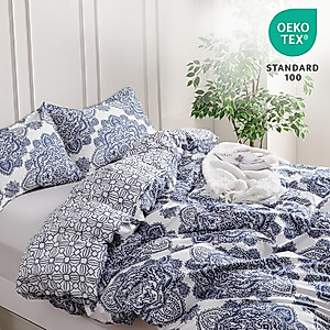 PHF Ultra Soft Paisley Duvet Cover Queen Size, Printed Bedding Set 3 Pieces, Comfy Farmhouse Pattern Duvet Cover Set with 2 Pillow Shams, Zipper Closure and 8 Ties, 90"x90", Royal Blue & White