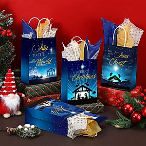Cholemy 205 Pcs Christmas Nativity Gift Bags Christmas Gift Bags with Tissue Paper Christian Christmas Gift Bags Bulk Nativity Wrapping Paper Bags for Holy Night Decoration Christmas Party Supply