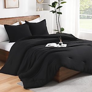 Andency Black Full Size Comforter Set, 3 Pieces Fluffy Solid Bedding Comforters & Sets, All Season Soft Lightweight Microfiber Bed Blanket Set for Kids Teens Boys