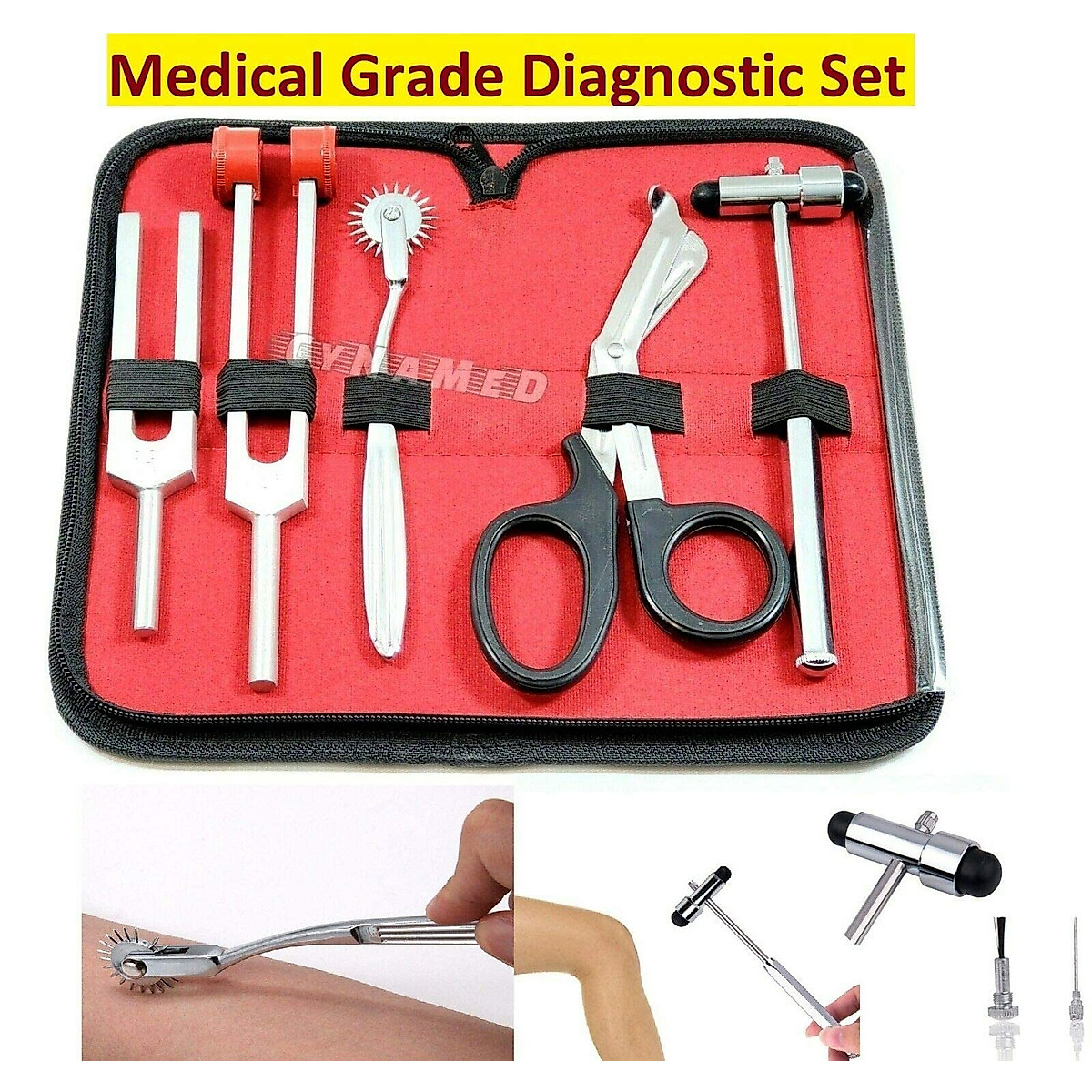 Premium Student Diagnostic Kit- Reflex Hammer & Tuning Fork Set C 128 And C 512 + Wartenberg Pinwheel Premium Steel Bandage Scissor 7.5” (Set Of 5 Buck Reflex Hammer Black Scissor)