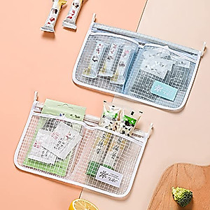 2Pcs Refrigerator Storage Mesh Bag with Hook Household Kitchen Double Pocket Classification Hanging Bag Refrigerator Pantry Organizer, Blue and White