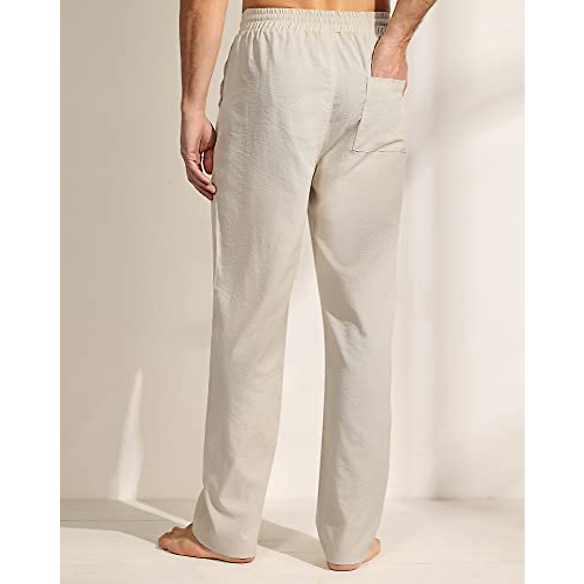 Ficerd 2 Pcs Men's Drawstring Linen Pants Men Casual Beach Trousers with Pocket Lightweight Elastic Yoga Pant (Black, Khaki, Small)