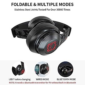 B.U Angry Bear, Bluetooth 5.0 Over Ear Headphones, Wireless/Wired, Built-in Microphone, 7-Color LED Light Display System, Deep Bass, Compatible with Smartphones, Tablets, Computers, and TV. (Black)