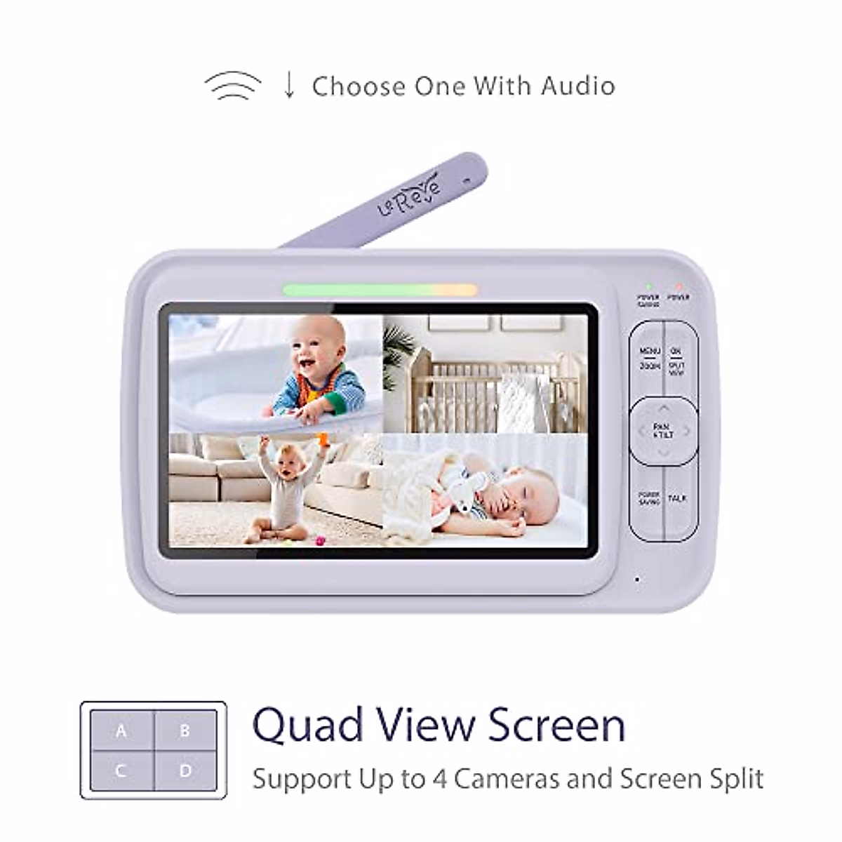 LEREVE 5" HD Low EMF Baby Monitor, Auto Noise Reduce, 2 Remote Pan Tilt Cameras, Lullaby, 2-Way Audio, ECO with Auto Voice Activation, Model: LeMove 60