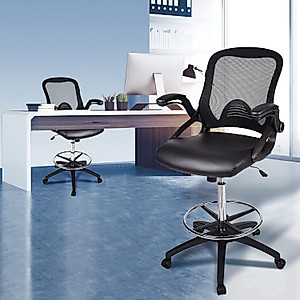 ARTETHYS Drafting Chair with Flip-up Armrests, Tall Office Chair Adjustable Height, Standing Desk Chair rotatable pu Leather seat(Black)