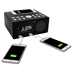 HANNLOMAX HX-202Qi Alarm Clock Radio, Wireless Charging, Bluetooth, 10W Output Power, Dual USB Ports for Charging and MP3 Playback, Temperature, Nightlight, Time Zone, Aux-in. (Black)