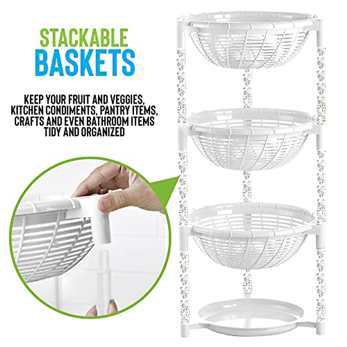 Uncluttered Designs Stacking Basket Bins (3 Tier + Plate) — Display for Fruit, Potato, Onion & Produce — Crafts, Art Supplies & Housewares Organizer — Bedroom & Bathroom Organization & Storage (White)