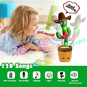 Dancing Cactus, Talking Cactus Toy, Sunny The Cactus Toy Repeats What You Say Electronic Dancing Cactus with Lighting Recording Mimicking Cactus Toy, Electronic Plush Singing Toy for Kids (Cowboy)
