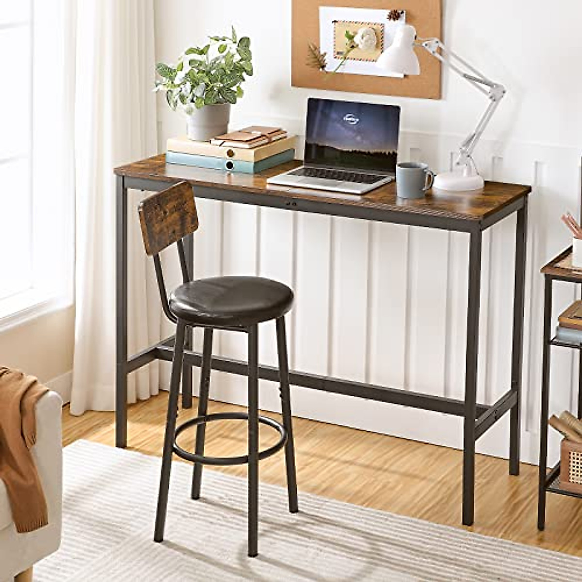 HOOBRO Bar Stools with Backrest, Set of 2 Bar Chairs, Counter Stools with PU Upholstery, Breakfast Stools with Footrest, for Kitchen, Living Room, Bar, Rustic Brown and Black BF31BY01