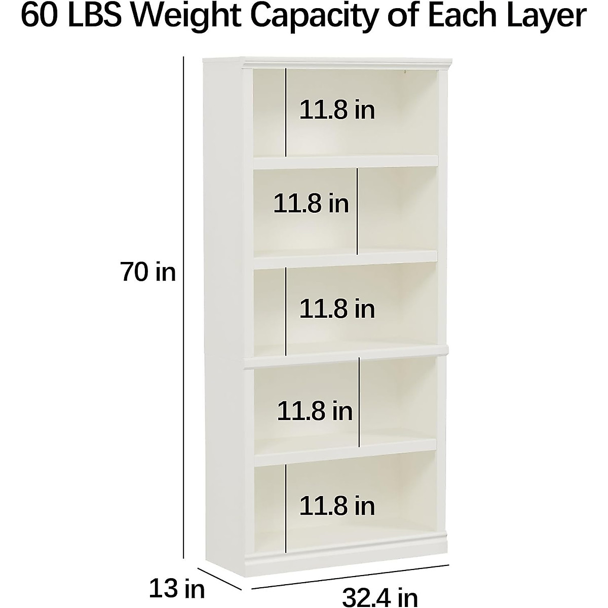 Bevfint 70 in Tall Bookcase, White Bookshelf Open Storage 5 Tier Shelves, 33 inch Wide Floor Standing Bookshelves, Book Case for Home School Library Office Bedroom Kids, White