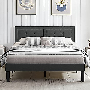 VECELO Queen Size Upholstered Bed Frame with Height Adjustable Fabric Headboard, Heavy-Duty Platform Bedframe/Mattress Foundation/Strong Wood Slat Support/No Box Spring Needed, Grey