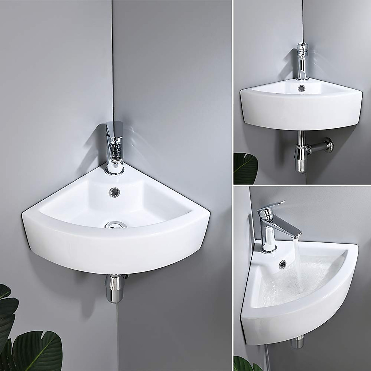 VOKIM Small Corner Wall Mount Bathroom Sink and Faucet Combo with Overflow White Porcelain Ceramic Above Counter Mini Vanity Vessel Sink with Chrome Faucet and Pop-up Drain Combo