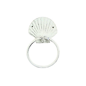 Rustic Whitewashed Cast Iron Seashell Towel Holder 8.5" - Seashell Home Decor -