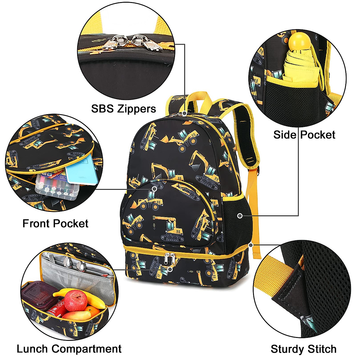 LEDAOU Kids School Backpack with Lunch Cooler Compartment 2 in 1 Boys Girls Bookbag and Insulated Lunch Bag for Preschool Kindergarten Elementary (Construction Vehicle)
