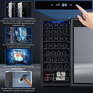 Takywep 32 Bottles Compressor Wine Cooler Refrigerator - 41℉-64℉ Freestanding Wine Cellar, Compact Design, Single Glass Door, Digital LED Touch Control, For Red, White, Champagne or Sparkling Wine