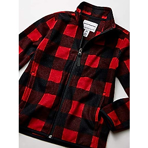 Amazon Essentials Boys' Polar Fleece Full-Zip Mock Jacket - Discontinued Colors, Black Red Buffalo Check, X-Small