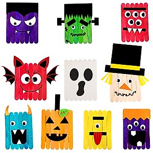 Zhanmai 10 Pack Halloween Crafts Kits for Kids Pumpkin Devil Arts Kits DIY Colorful Craft Sticks Ice Lolly for Halloween Party Supplies