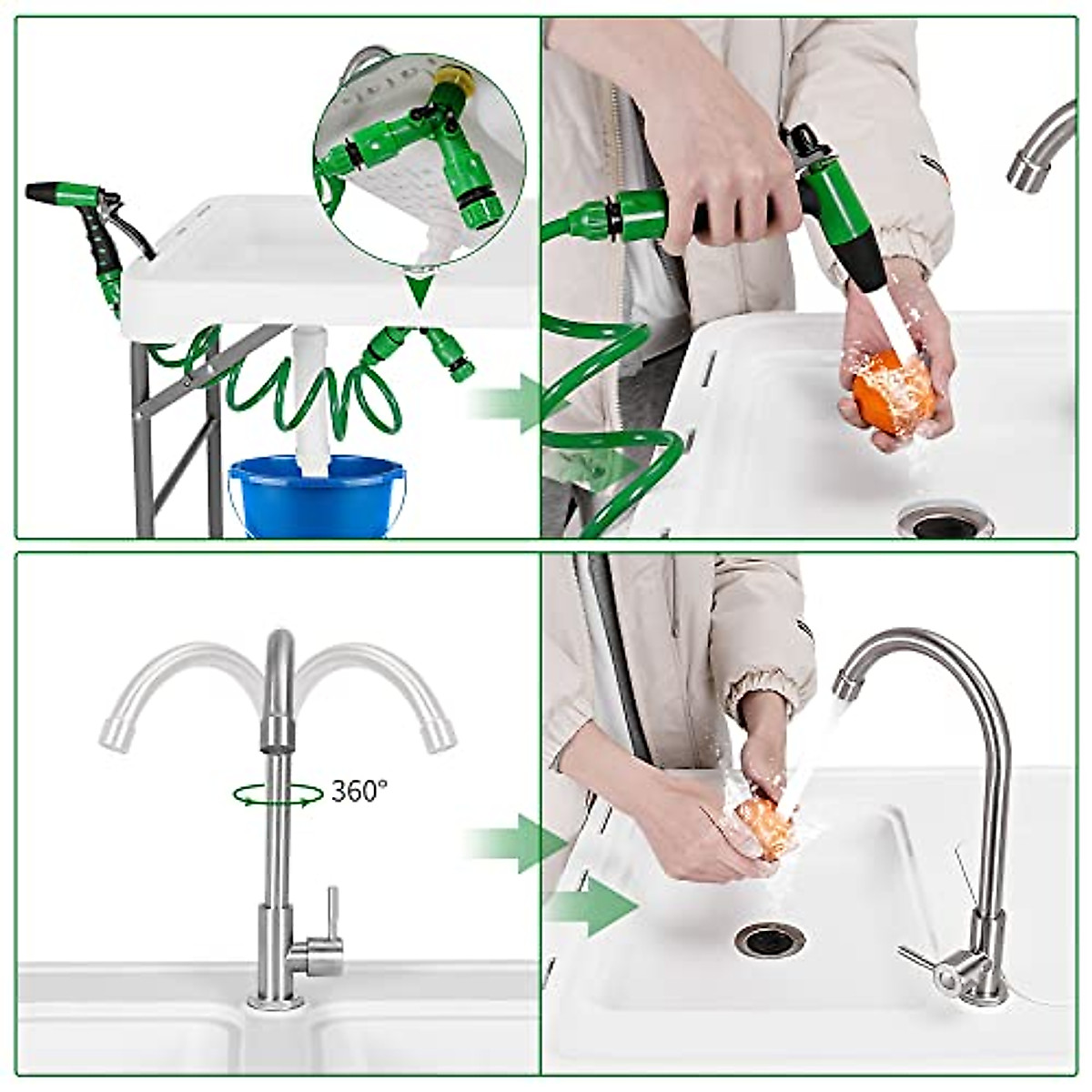 Allpop Folding Fish Cleaning Table with 2 Sinks, 42.5’’ Portable Camping Fish Fillet Station with Faucet, Spray Nozzle, Drain Hose, Storage Box, Built-in Drawer& Knife Groove for Picnic, White