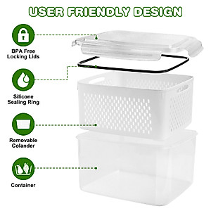 KETNET 5 Size Fruit Vegetable Storage Containers for Fridge with Colander and Lid Refrigerator Storage Containers Bins Organizer for Fruit Food Produce, Lettuce Keeper Keep Fruit Fresh Longer