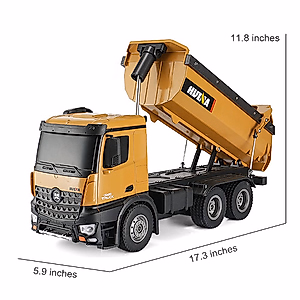 Fistone RC Dump Truck 1/14 Scale 10 Channel Alloy Die-cast 2.4G Remote Control Construction Vehicles Toys with Lights for Kids and Adults