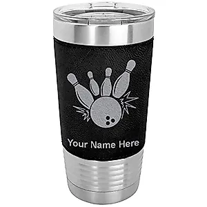 LaserGram 20oz Vacuum Insulated Tumbler Mug, Bowling Ball and Pins, Personalized Engraving Included (Faux Leather, Black)