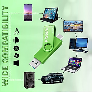 Vixelle 128GB High Speed USB 3.0 Type-C Flash Drive with Lanyard – 2in1 Dual USB C Memory Stick - 360° Swivel Pen Drive with Keychain Loop – 128GB USB Stick for Smartphone, Tablet & Computer - Green