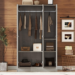 Bellemave 3 Doors Wardrobe Armoire, Armoire Wardrobe Closet with Hanging Rod, Wood Clothes Storage Cabinet Organizer, 3-Door Wardrobe Closet with Doors, Gray