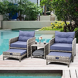 Pamapic 5 Pieces Wicker Patio Furniture Set Outdoor Patio Chairs with Ottomans Conversation Furniture with coffetable for Poorside Garden Balcony(Blue Purple)