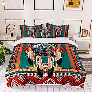 Purefair Colorful Dream Catcher Duvet Cover Set Queen, Boho Bohemian Style 3D Feathers Diamond Bedding Mandala Native American Ethnic Tribal 3PCS Soft Lightweight Quilt Cover Set(No Comforter)