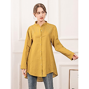 Minibee Women's Cotton Linen Shirt High Low Button Down Embroidered Blouse Long Sleeve Tunic Tops With Pocket Yellow 2XL