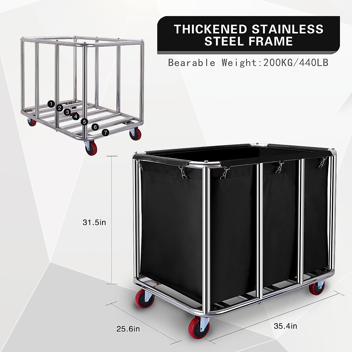 Commercial Laundry cart with Wheels,400L Large Laundry Basket with Wheels,Laundry Hamper on Wheels Heavy Duty with Steel Frame and Waterproof Oxford Cloth, 330Lbs Load (C-Black)