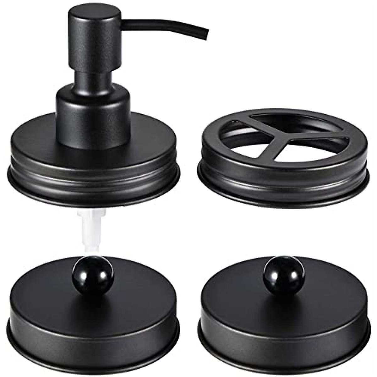 kuangMEIX Mason Jar Bathroom Accessories Lids Set(4Pcs),Jars Not Included Foaming Soap Dispenser & 2 Apothecary Jars & Toothbrush Holder for Regular Mouth Rustic Farmhouse Decor Bathroom Countertop